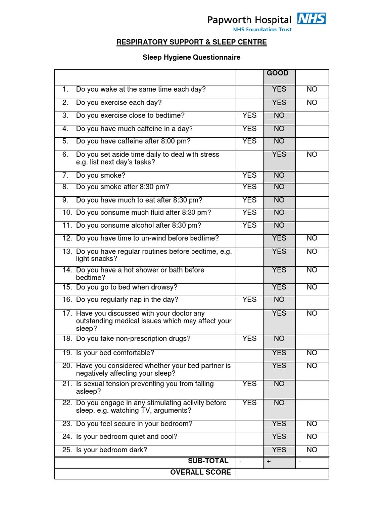 Respiratory Support & Sleep Centre Sleep Hygiene Questionnaire Good | PDF