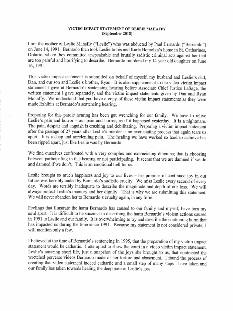 Victim Impact Statement of Debbie Mahaffy (Sept 2018)