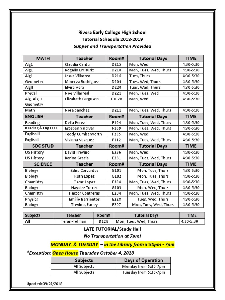 Tutorial Schedule Updated 09-24-18 1 1 | PDF
