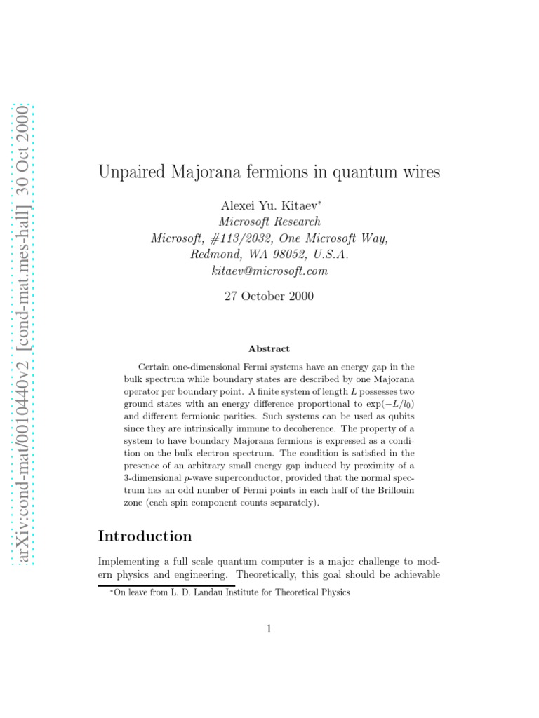 Unpaired Majorana Fermions in Kitaev Chains | PDF | Superconductivity ...