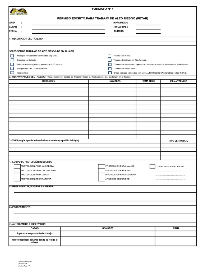Permiso Escrito de Trabajo Alto Riesgo V3 | PDF | Andamio | Gases