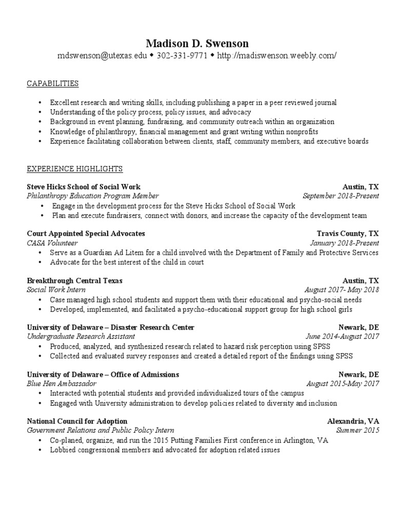 Swenson Resume Final Field | PDF | Social Work | Fundraising