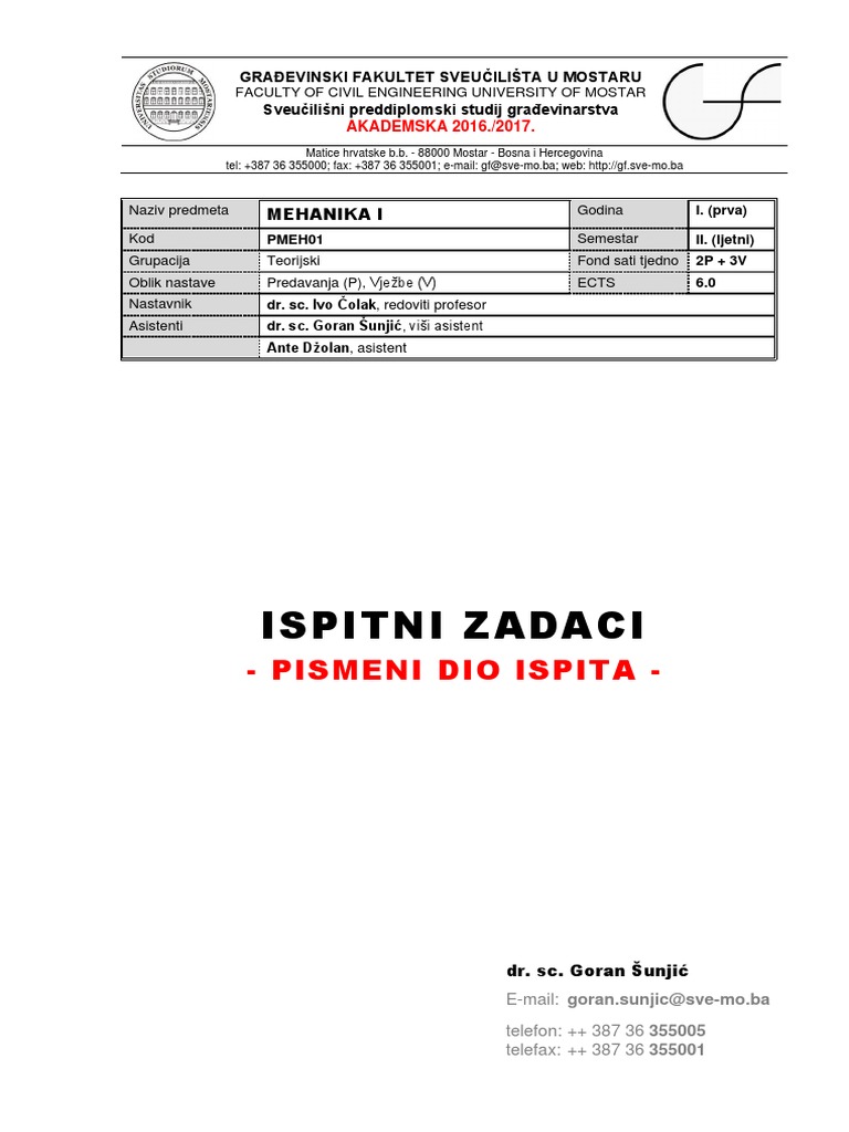 MEHANIKA I Ispitni Zadaci | PDF