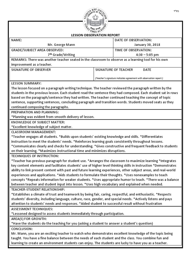 Lesson Observation Form MR | PDF | Teachers | Classroom Management