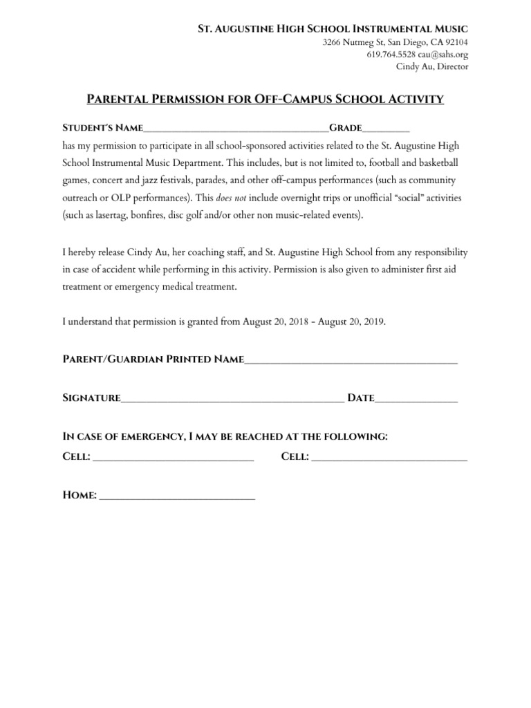 Parental Permission For Off-Campus School Activity: Student's Name ...