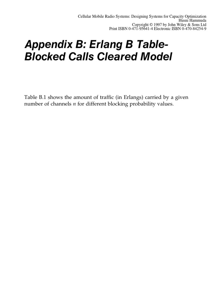 Appendix B: Erlang B Table-Blocked Calls Cleared Model | PDF | Electrical Engineering ...