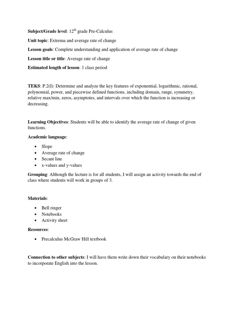 Average Rate of Change Lesson Plan 2 | PDF | Derivative | Slope