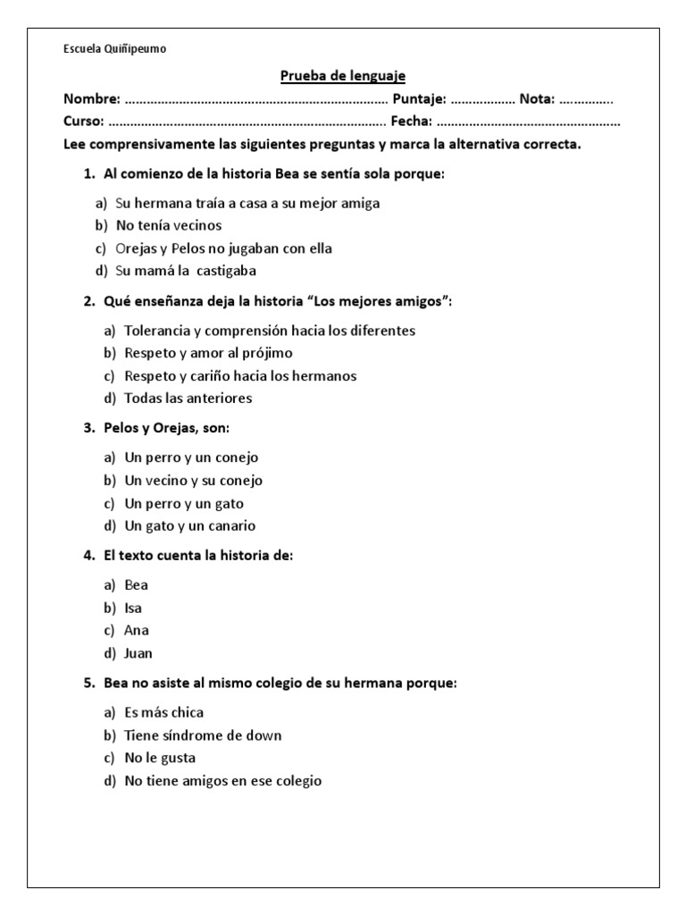 Prueba sobre "Los Mejores Amigos" | PDF | Artes del Lenguaje y Comunicación
