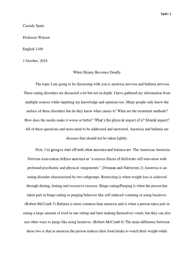 Cassidy Spatz 1100 Exploratory Essay | PDF | Bulimia Nervosa | Anorexia ...