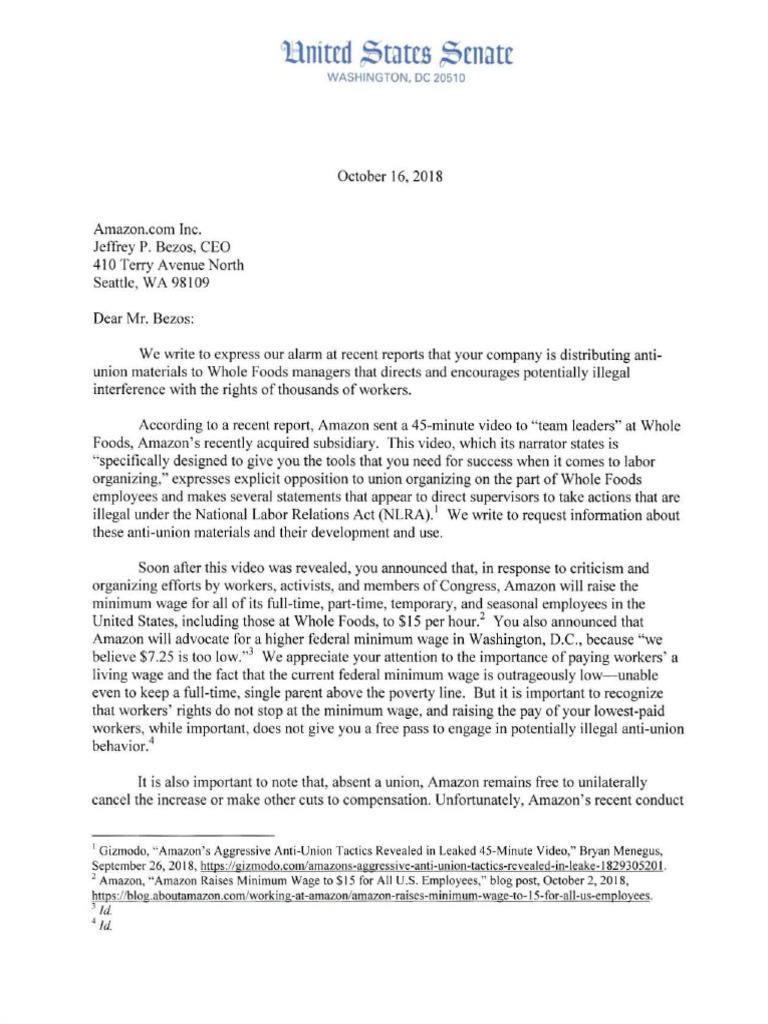 2018.10.16 Letter To Amazon On Whole Foods Anti-Union Materials | PDF ...