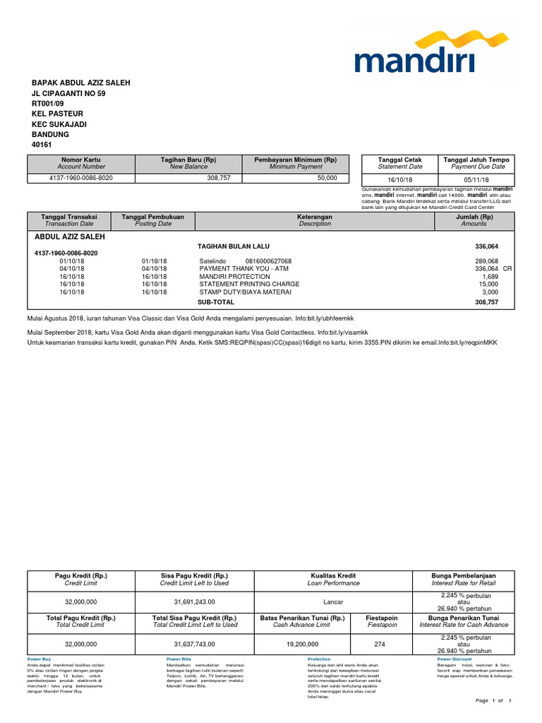 October 2018 Bapak Abdul Aziz Saleh Mandiri Bank Statement 2 | PDF