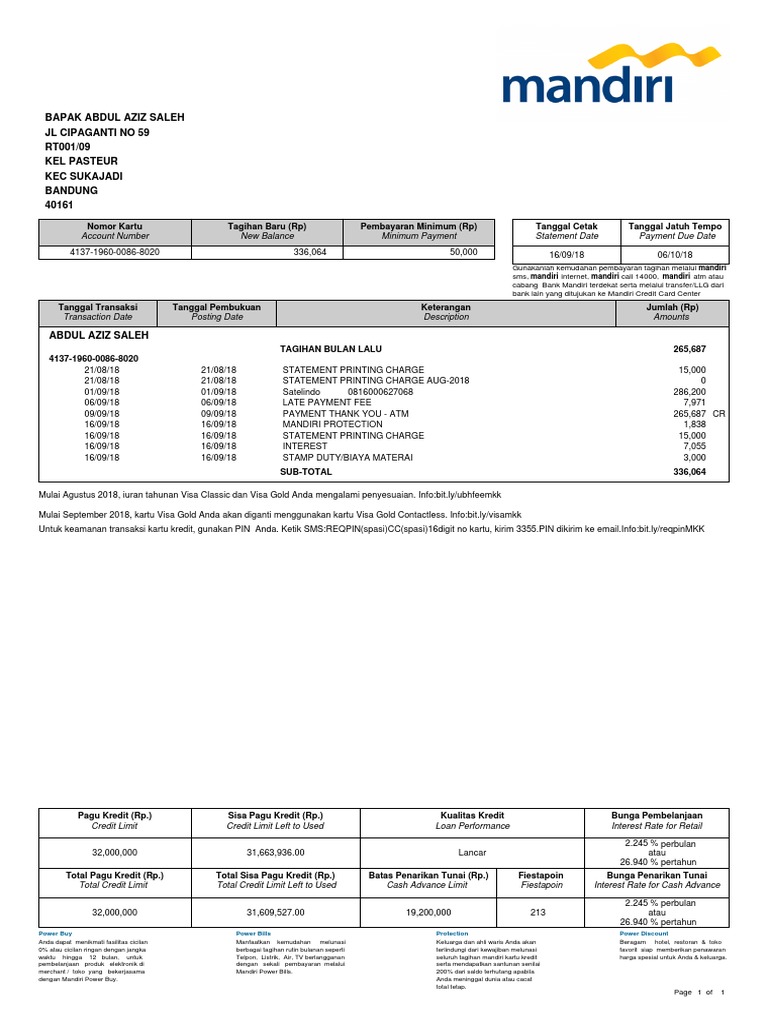 September 2018 Bapak Abdul Aziz Saleh Mandiri Bank Statement 2 | PDF