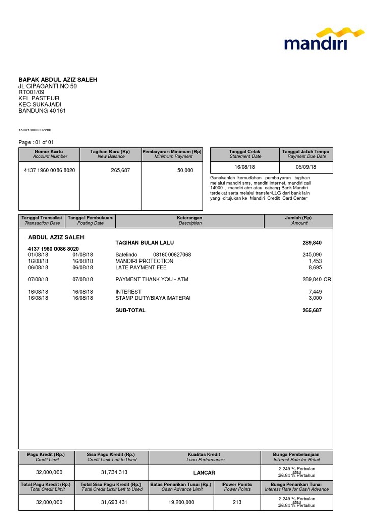 August 2018 Bapak Abdul Aziz Saleh Mandiri Bank Statement 2 | PDF