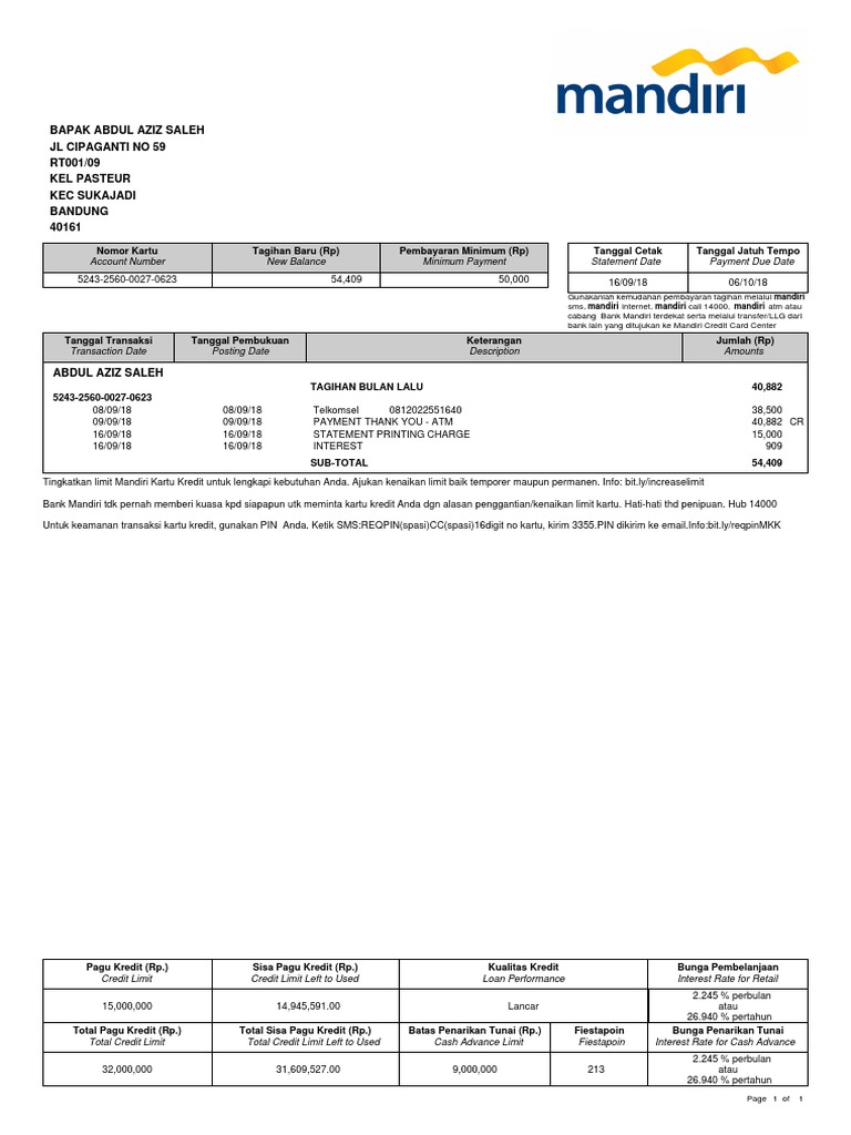 September 2018 Bapak Abdul Aziz Saleh Mandiri Bank Statement | PDF