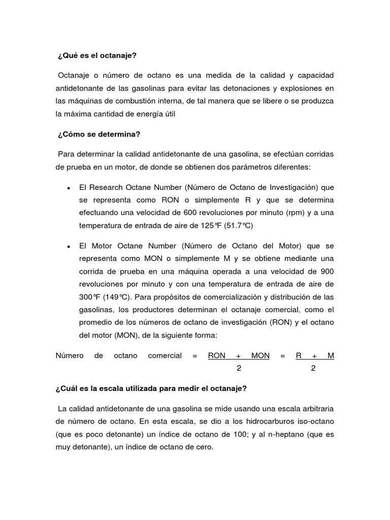 Definición y Medición del Octanaje | PDF | Gasolina | Combustibles