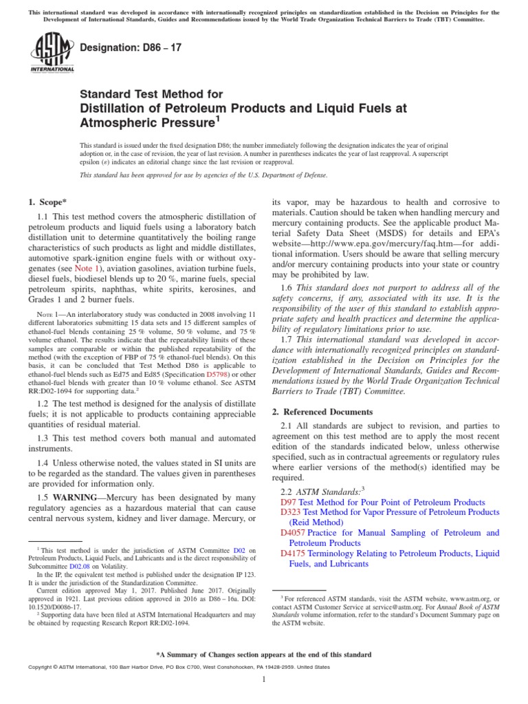 Astm D86 - 17 | PDF | Distillation | Thermometer