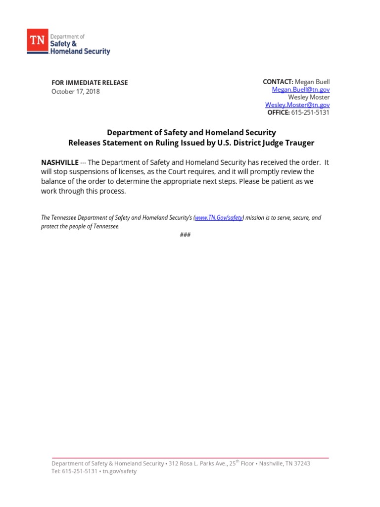 Department of Safety and Homeland Security Statement