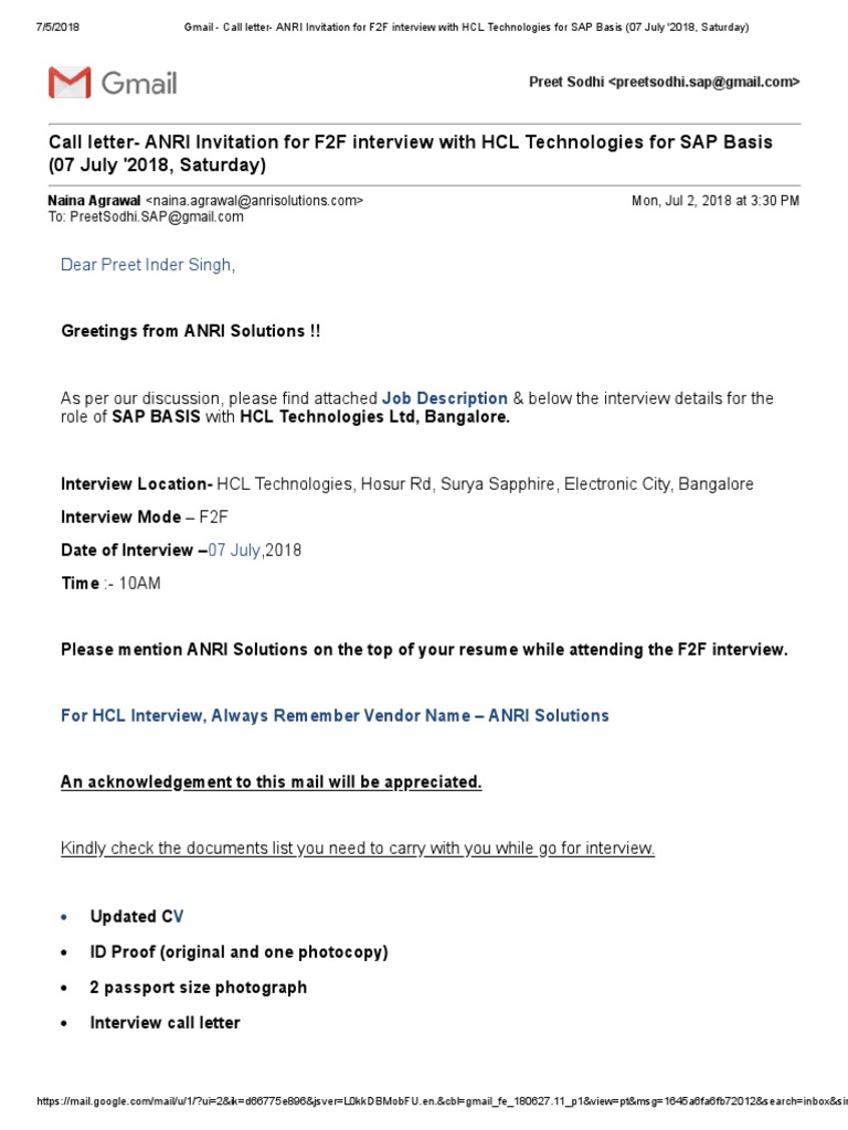 ANRI Invitation For F2F Interview With HCL Technologies For SAP Basis (07 July '2018, Saturday ...