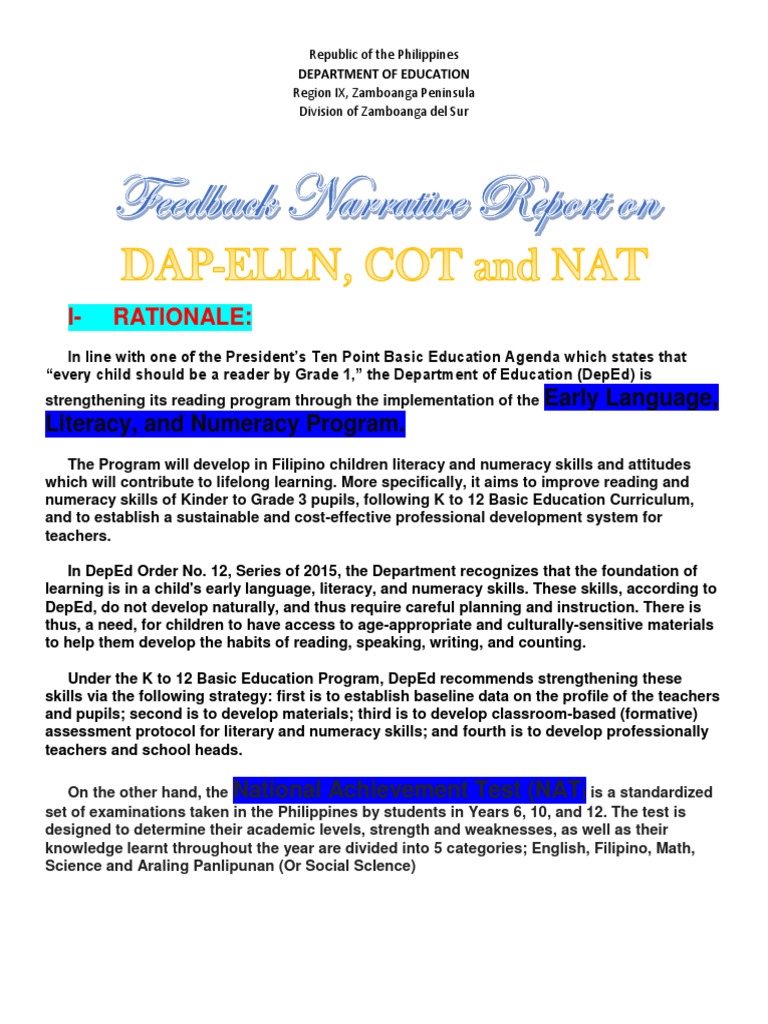 Feedback Narrative Report on Elln, Cot and Nat 2018 | Standardized ...