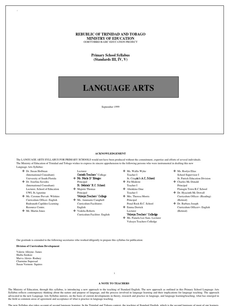 Trinidad Primary School Language Arts Syllabus | PDF | Reading (Process ...