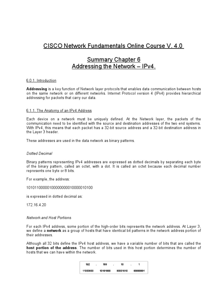Cisco Network Fundamentals Online Course V. 4.0 Summary Chapter 6 ...