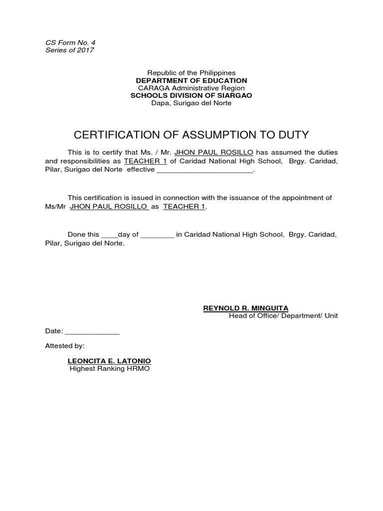 Certification of Assumption To Duty: Department of Education Schools ...