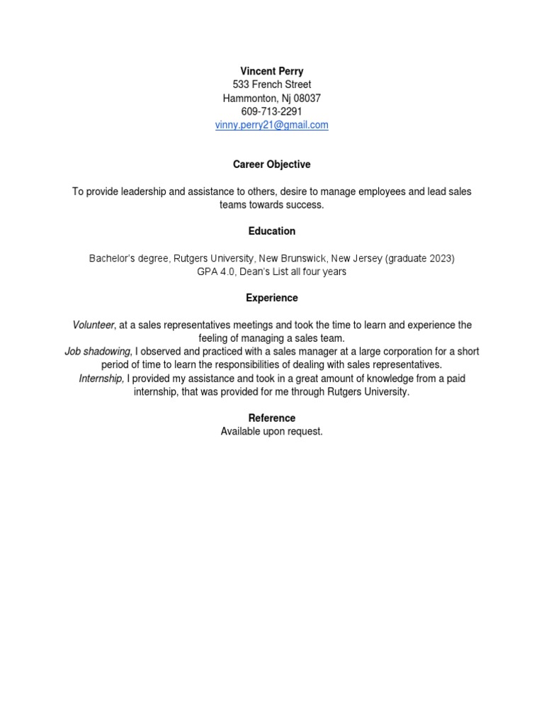 Vincent Perry: Sales Leadership Resume | PDF | Career & Growth