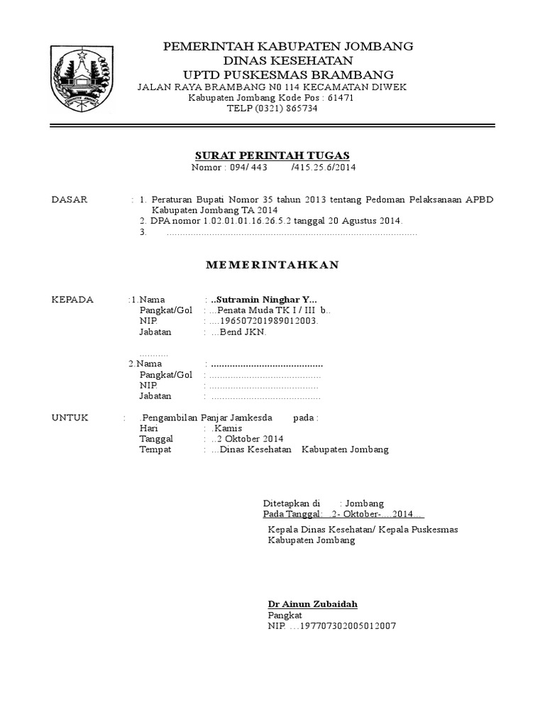 Contoh Surat Perintah Tugas | PDF