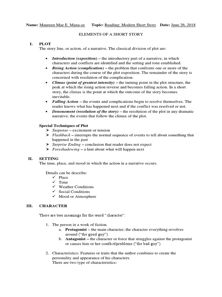 Handouts - Elements of Short Story. | PDF | Plot (Narrative) | Cognition