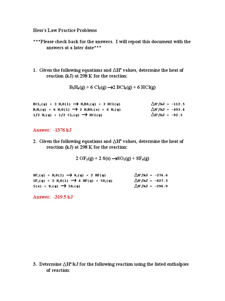 Hess Law Practice | PDF | Chemical Substances | Branches Of Thermodynamics