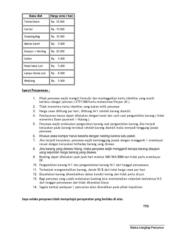 Form Sewa Peralatan | PDF