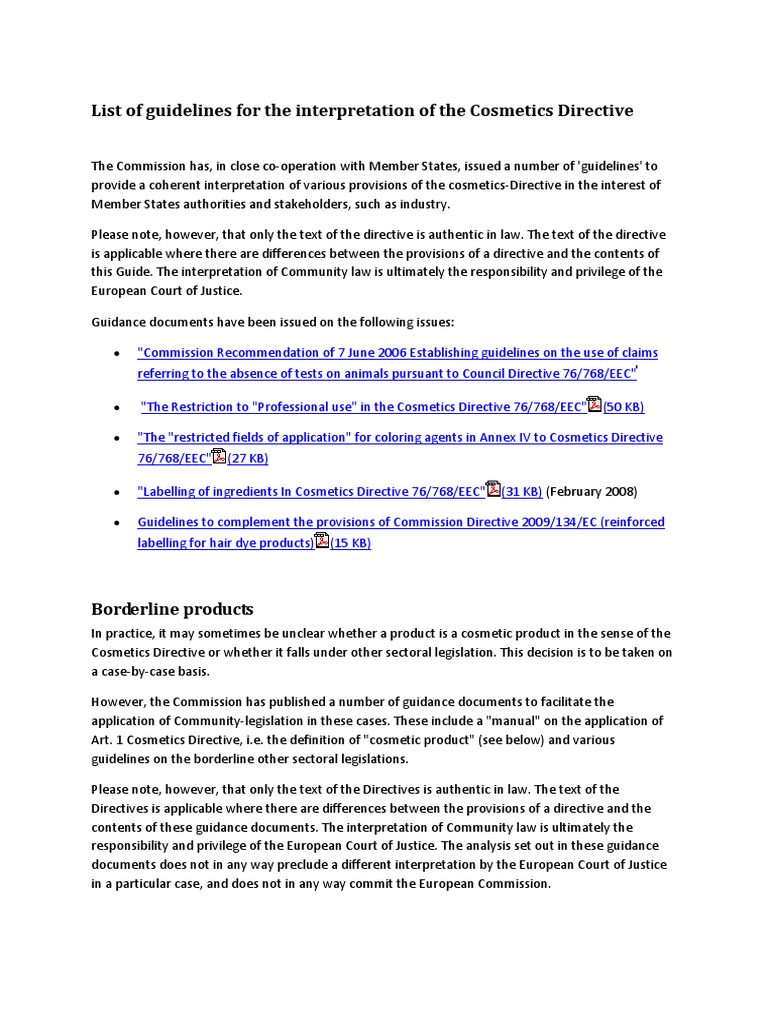 Guidelines For The Interpretation of Cosmetics Directive en | PDF ...