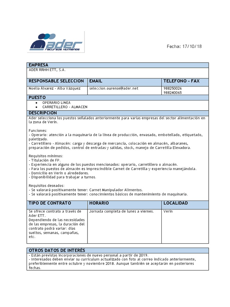 Modelo Oferta Empleo Ader - Verín | PDF | Almacén | Business