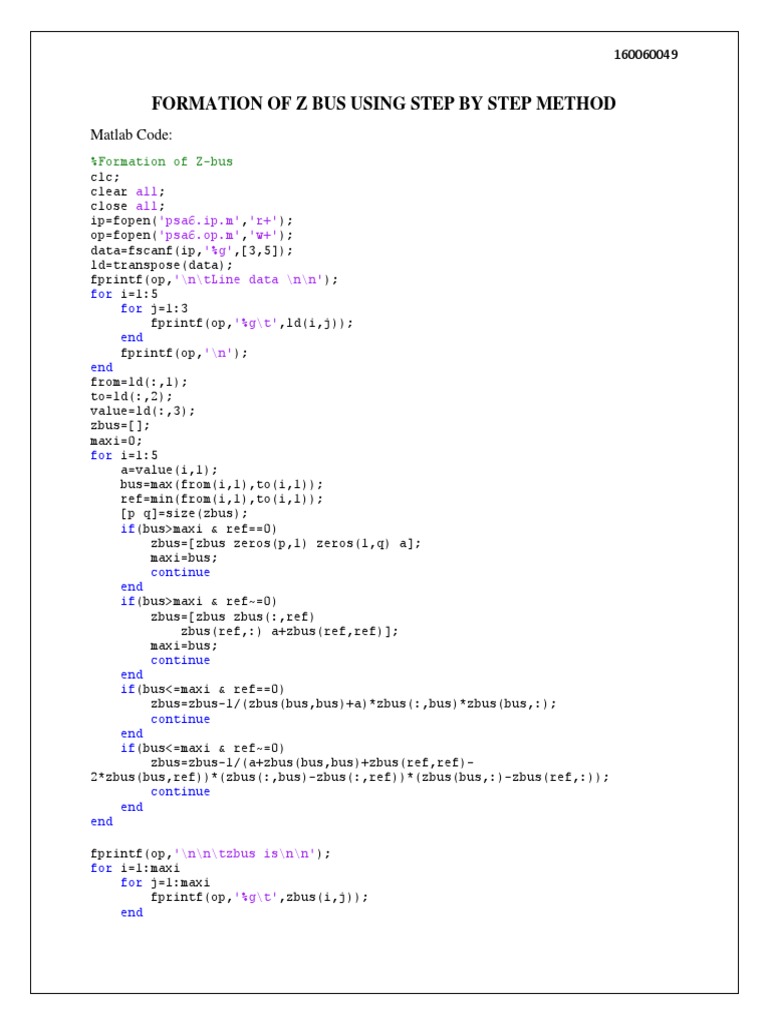 Formation of Z Bus Using Step by Step Method: Matlab Code | PDF ...