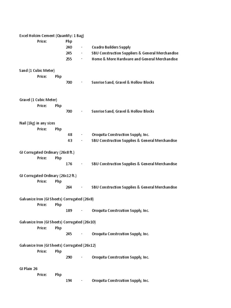 Construction Price List | PDF | Building Materials | Materials