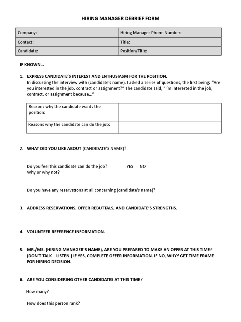 Hiring Manager Debrief Form | PDF | Employment | Salary