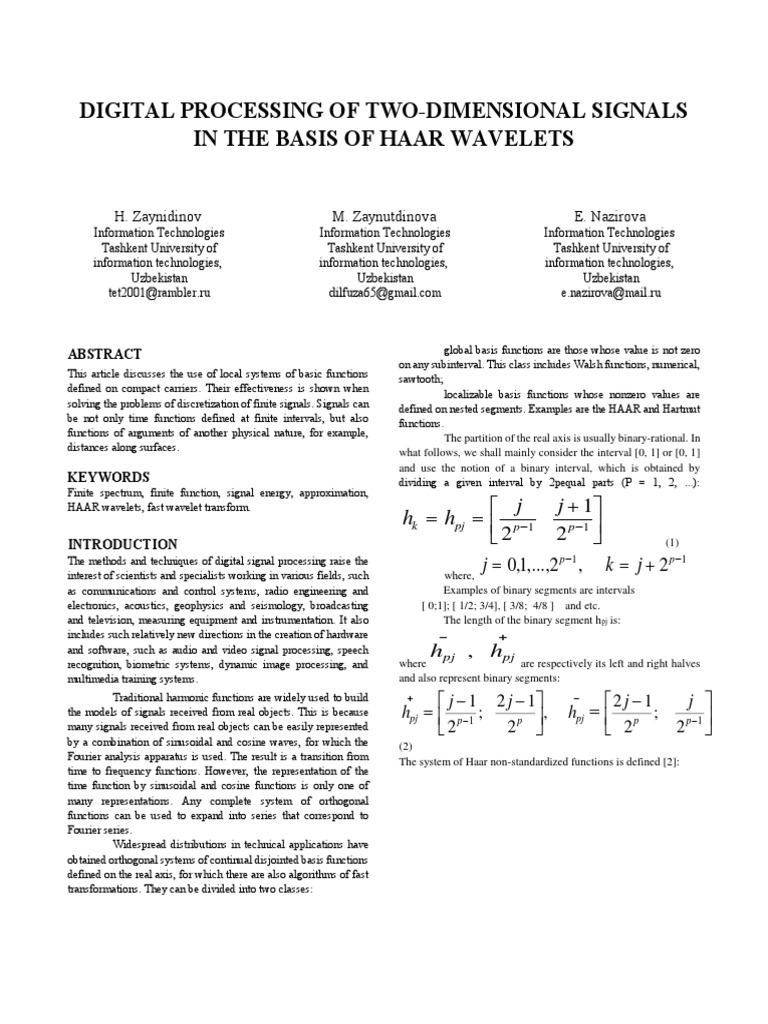 Digital Processing of Two-Dimensional Signals in The Basis of Haar - Wavelets | PDF | Wavelet ...