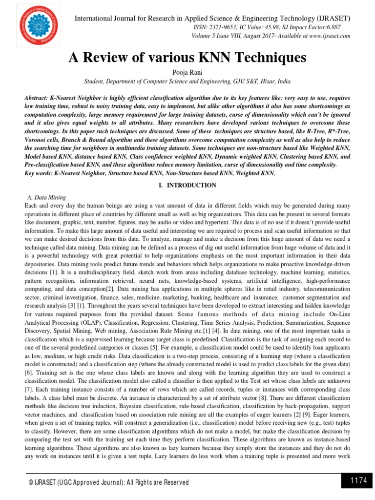 A Review of Various KNN Techniques | PDF | Statistical Classification | Machine Learning