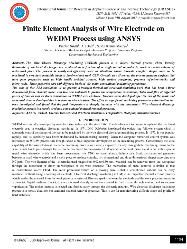 Finite Element Analysis of Wire Electrode On WEDM Process Using ANSYS ...