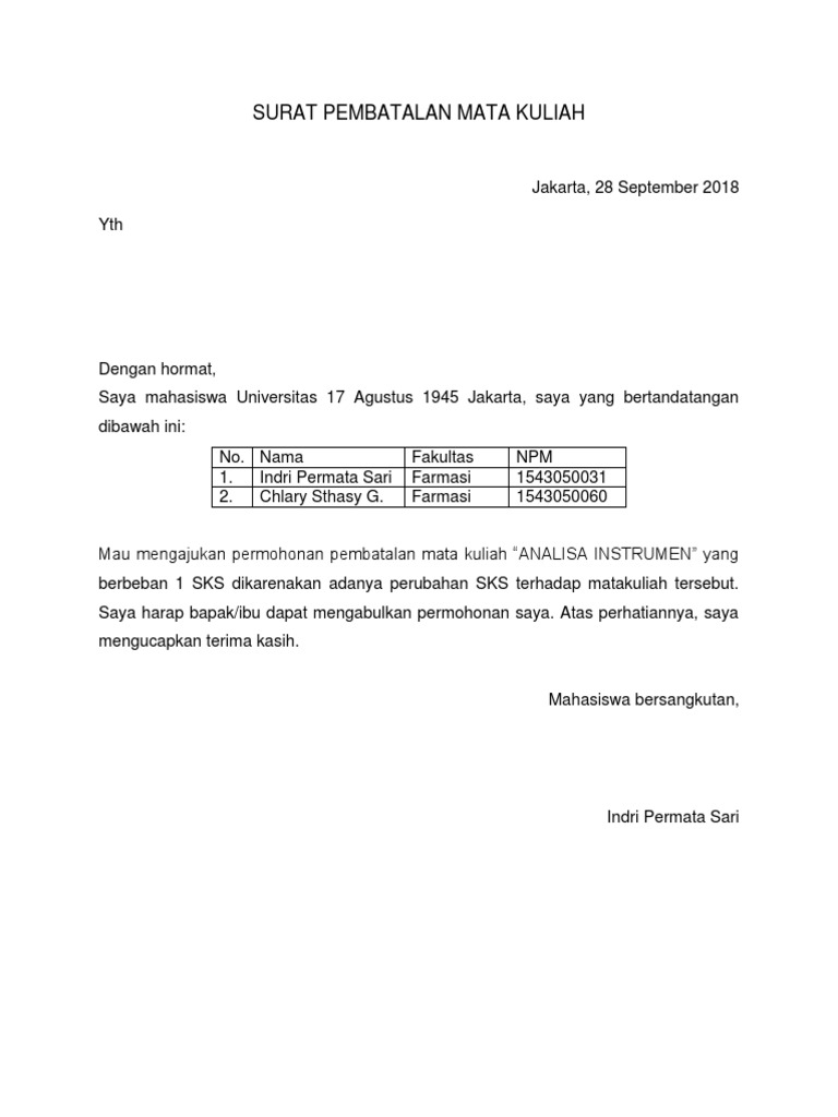 Surat Pembatalan Mata Kuliah | PDF