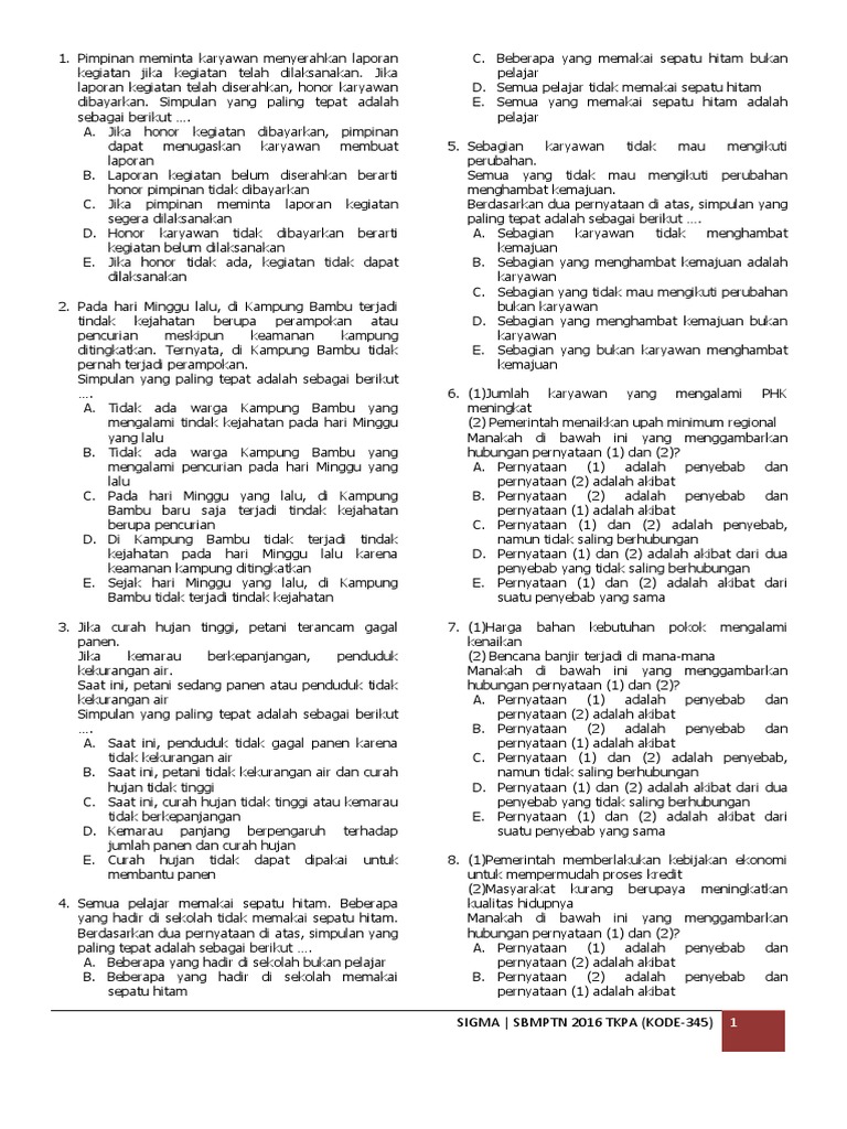 SBMPTN 16 Tkpa (Kode-345) | PDF