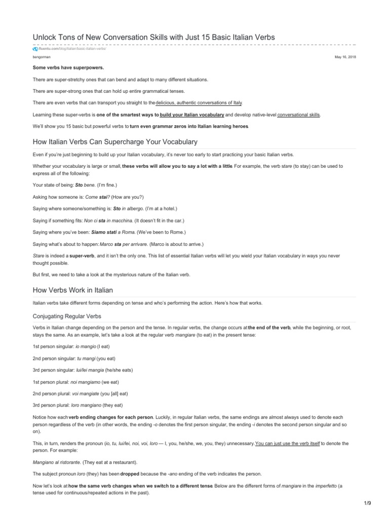 15 Basic Italian Verbs For An | PDF | Grammatical Number | Grammatical ...