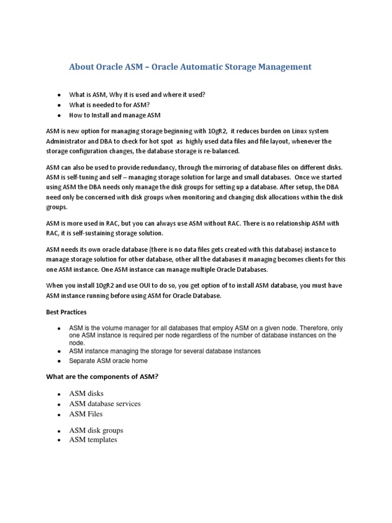 About Oracle Asm Oracle Automatic Storage Management Pdf Oracle Database Databases