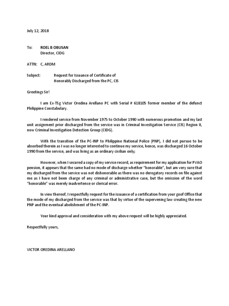 Arrelano Letter To PNP | Military Discharge | Criminal Justice