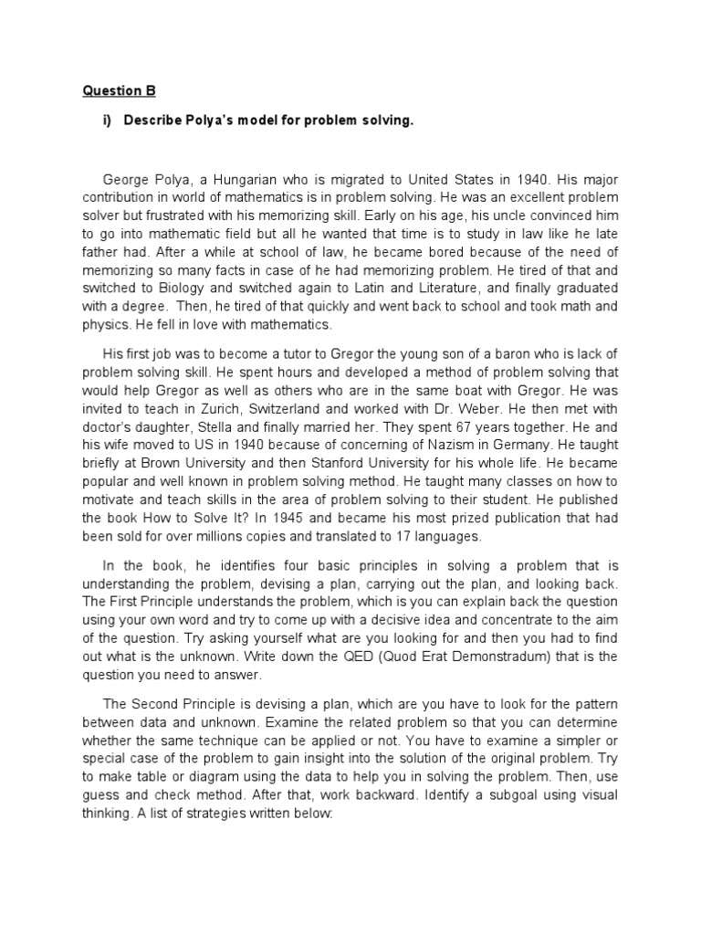 Question B I) Describe Polya's Model For Problem Solving | PDF ...