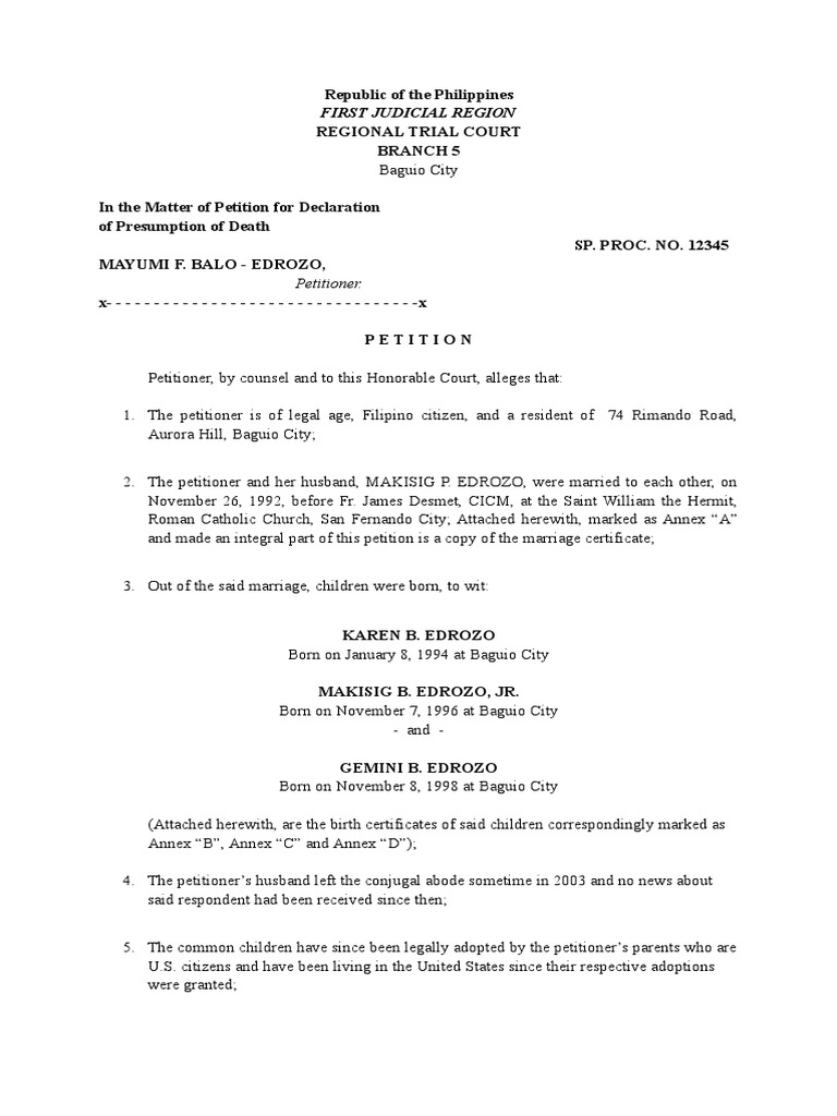 Declaration of Presumptive Death | PDF | Common Law | Public Law