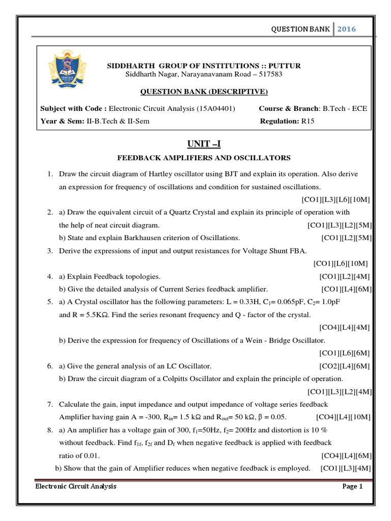 Unit - I: Question Bank | PDF | Amplifier | Electronic Oscillator