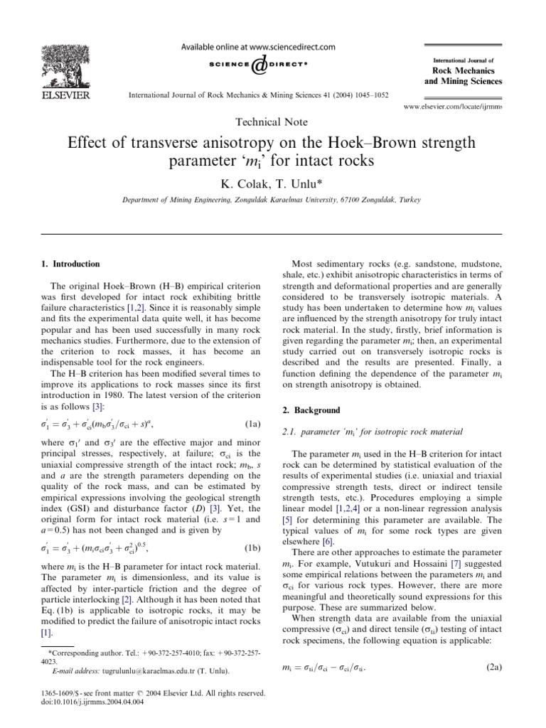Effect of Transverse Anisotropy On The Hoek Brown Strength Parameter Mi ...