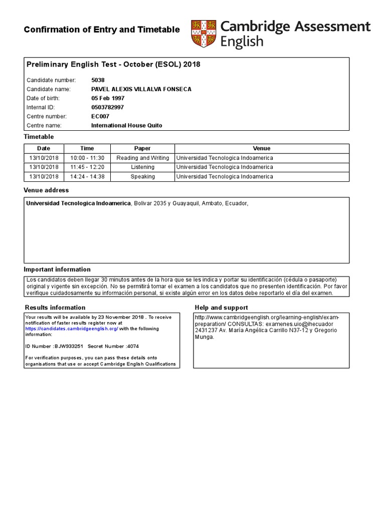 Confirmation of Entry and Timetable: Preliminary English Test - October ...