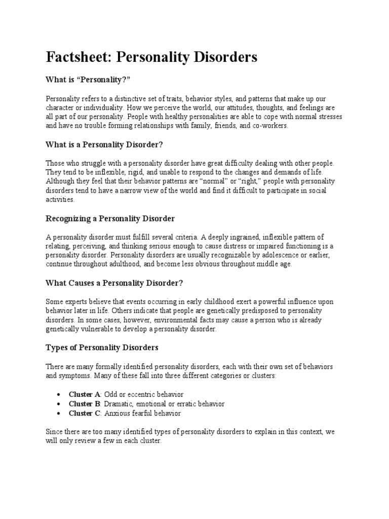 Factsheet: Personality Disorders | PDF | Personality Disorder | Mental ...